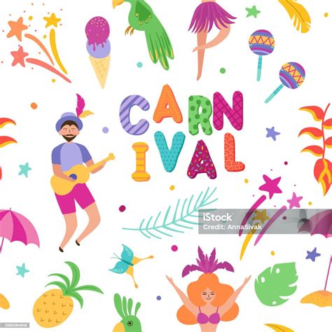 브라질 카니발 완벽 한 패턴입니다 브라질 삼 바 댄서 문자 카니발입니다 축제 의상에서 여자와 리오 데 자네이 축제 벡터 일러스트 레이 션 공휴일에 대한 스톡 벡터 아트 및