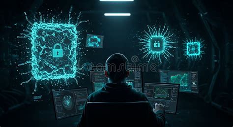 Person Coding At Computer With Digital Security Visuals Concept Stock
