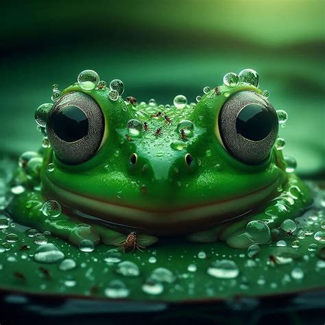 A Frog With A Bug On Its Head Sits On A Green Surface Premium Ai