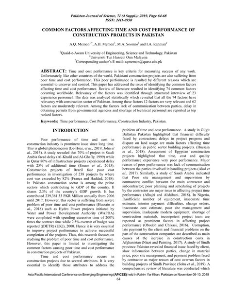 Pdf Common Factors Affecting Time And Cost Performance Of