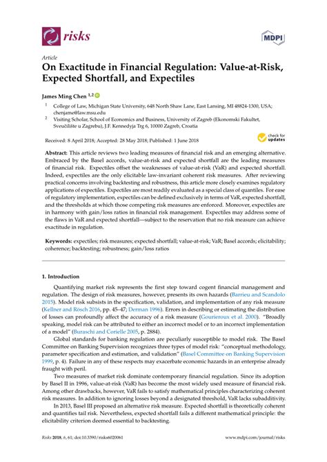 Pdf On Exactitude In Financial Regulation Value At Risk Expected Shortfall And Expectiles