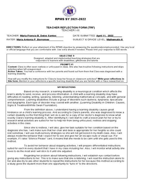 Rpms Teacher Reflection Form 2021 2022 Pdf Learning Cognition