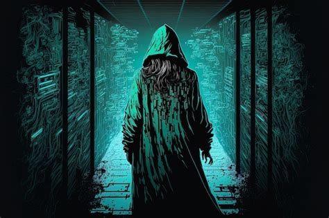Premium Ai Image Cloaked Female Hacker Entering Corporate Data