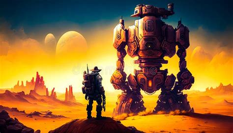 Man Standing In Front Of Giant Robot In The Desert Generative Ai Stock