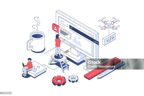 3d 아이소메트릭 디자인으로 개념을 만드는 웹사이트 개발자는 프로토타이핑 및 코딩 페이지 레이아웃 및 홈페이지 사용자 인터페이스