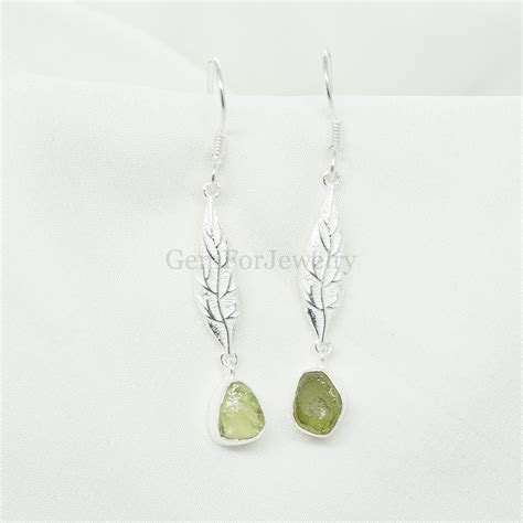 Raw Peridot Crystal Earrings Silver Leaf Earrings Natural Green