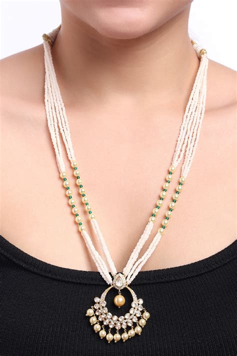 Buy Yellow Moissanite Polki Crescent Embellished Long Necklace By Sica