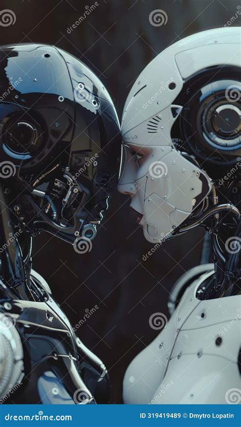two robots hugging and looking in eyes cyborg feeling and emotions robotics dating and romance