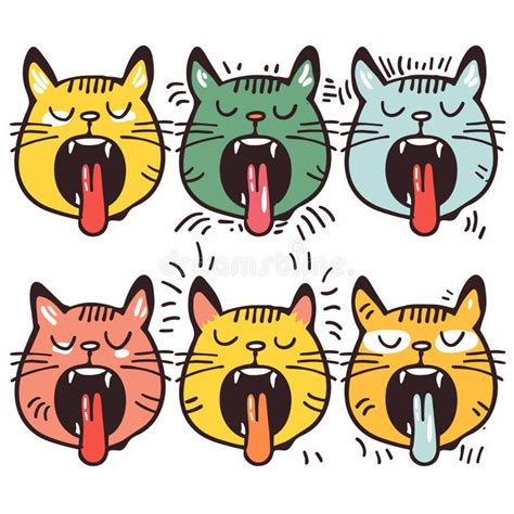 Six Colorful Cartoon Cats Exaggerated Expressions Tongues Out Eyes