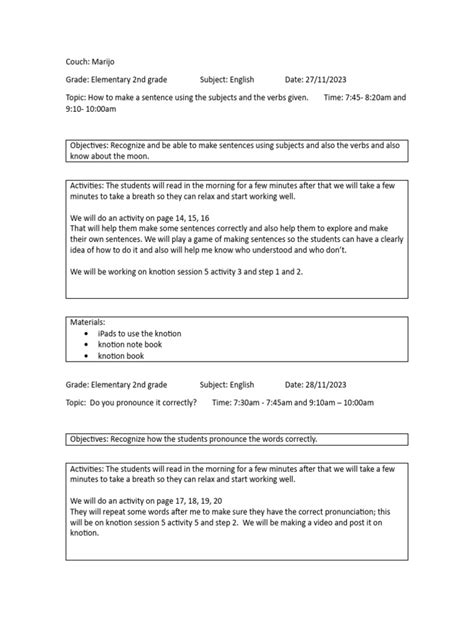 Class Planning 2nd Grade Elementary Pdf