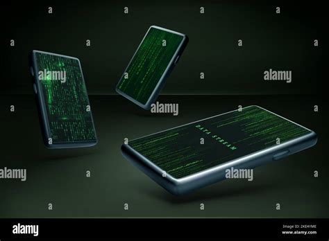 Set Of 3D Mobile Phone With Binary Data Stream In Matrix Style On