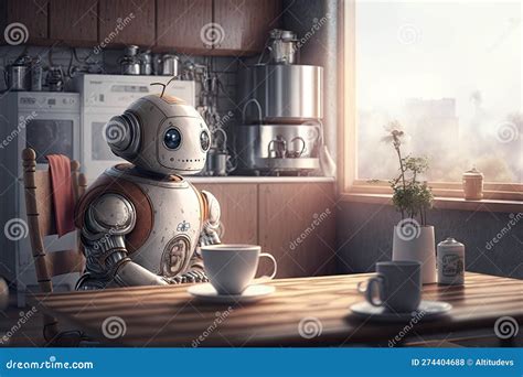Cute Robot Assistant Preparing A Cup Of Tea With View Of Cozy Living