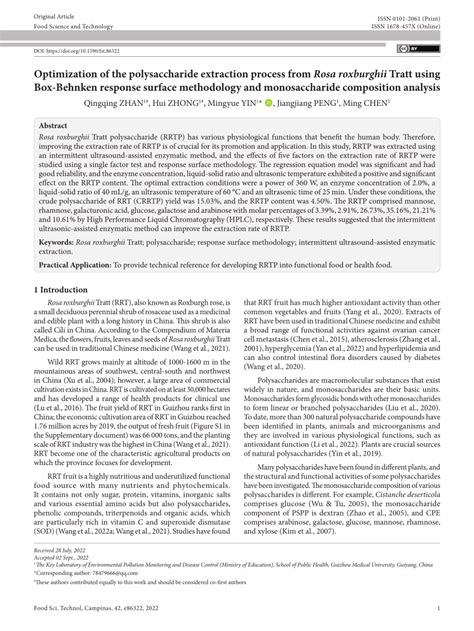 Pdf Optimization Of The Polysaccharide Extraction Process From Rosa Roxburghii Tratt Using Box
