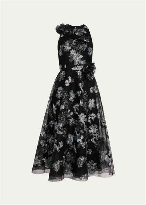 Rickie Freeman For Teri Jon Metallic Floral Embroidered Tulle Midi