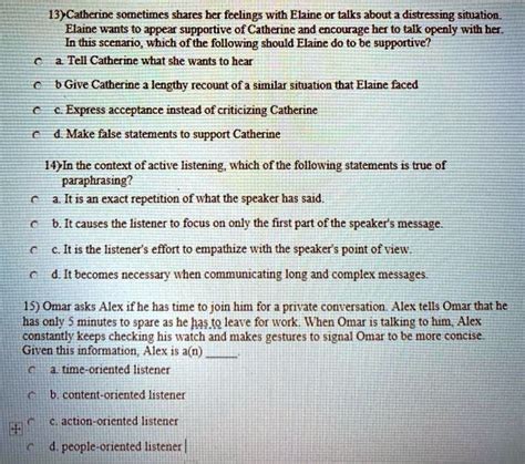 Solved 13 Catherine Sometimes Shares Her Feelings With Elaine Or