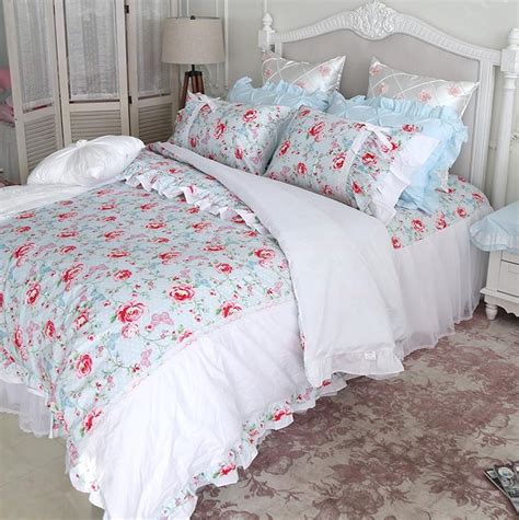 Princess Shabby Chic Floral Blue White Duvet Comforter Cover Set Queen