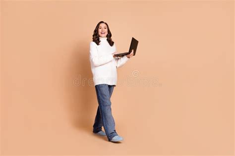 Photo Of Lovely Adorble Woman Wear Stylish Clothes Hold Netbook