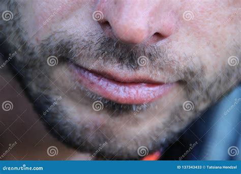 Beautiful Thin Men S Lips And Light Unshaven Face Close Stock Image