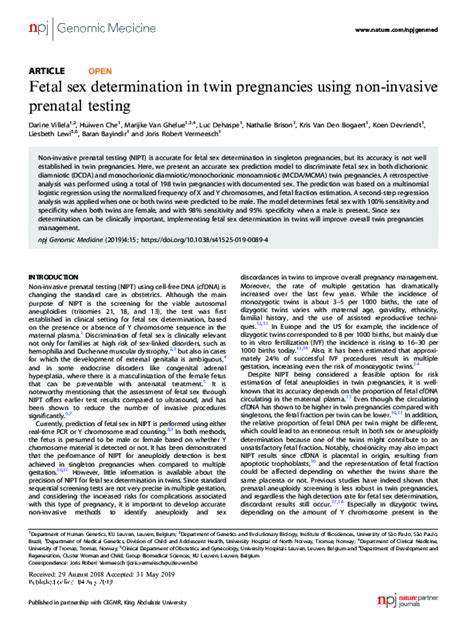 Pdf Fetal Sex Determination In Twin Pregnancies Using Non Invasive Prenatal Testing Baran