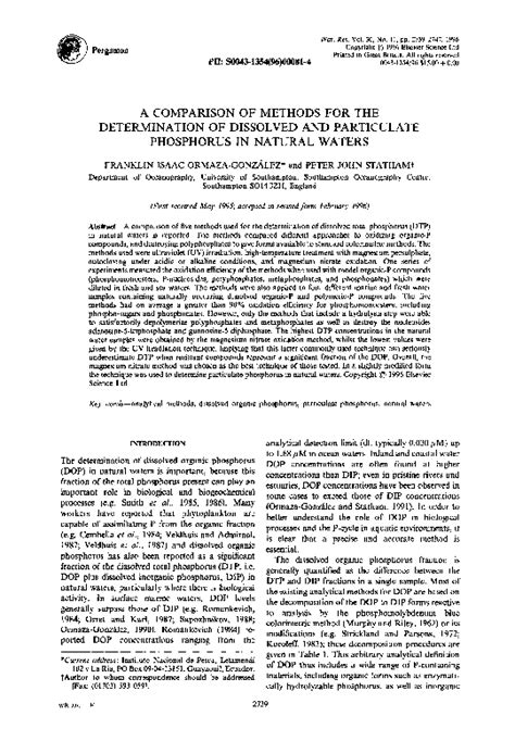 Pdf A Comparison Of Methods For The Determination Of Dissolved And Particulate Phosphorus In