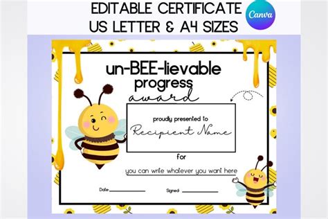 Unbeelievable Progress Award Certificate Editable Template