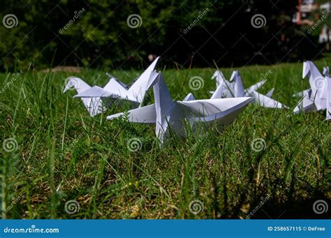 Japanese Folded Origami Cranes On Fresh Grass Hundreds Handmade Paper