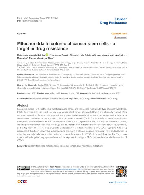 Pdf Mitochondria In Colorectal Cancer Stem Cells A Target In Drug