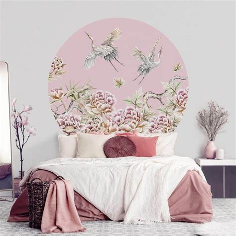 Aquarell Störche im Flug mit Rosen auf Rosa Fototapete rund Bilderwelten