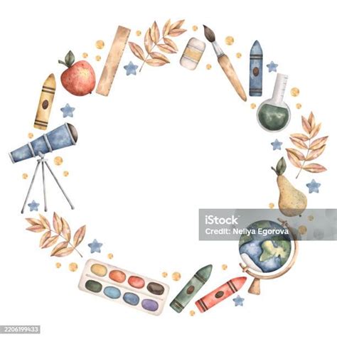 학교로 돌아갑니다 수채화로 손으로 그린 원형 테두리에 지구본 망원경 학용품 단풍이 있습니다 아이들을 위한 귀여운 학교 작곡 9월에 대한 스톡 벡터 아트 및 기타 이미지
