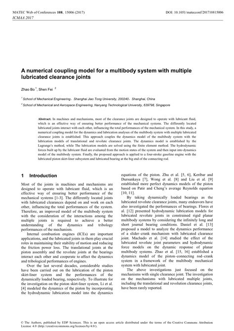 Pdf A Numerical Coupling Model For A Multibody System With Multiple Lubricated Clearance Joints