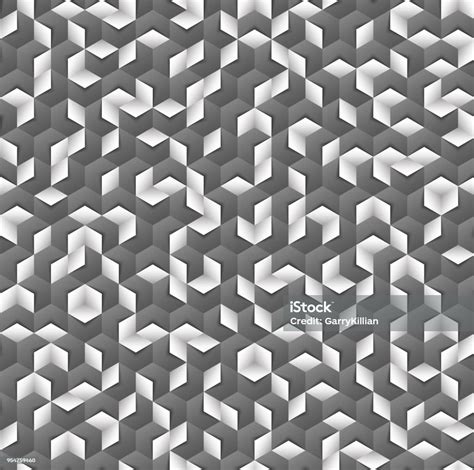 회색조 육각 원활한 벡터 패턴입니다 체적 육각형 요소 무작위로 배치 현대 추상 기하학적 배경입니다 흑인과 백인 그림자 형태 추상