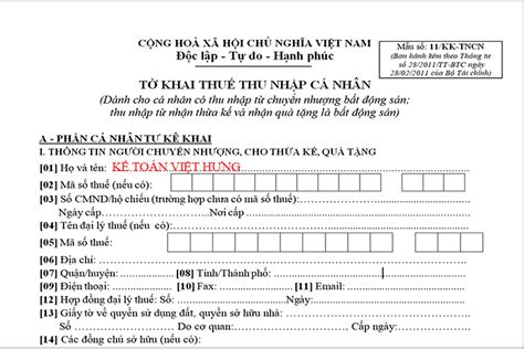 Mẫu Tờ Khai Thuế Thu Nhập Cá Nhân Mẫu Số 11kk Tncn