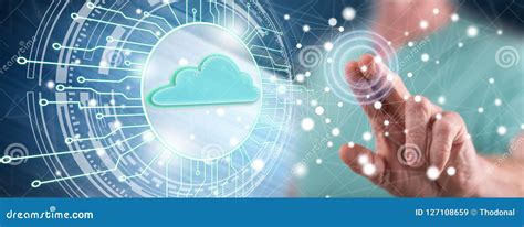 Man Touching A Cloud Computing System Concept Stock Image Image Of Communication Social