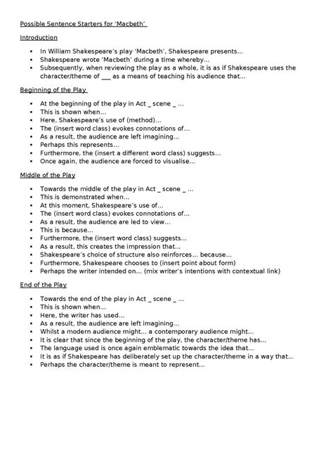 Gcse English Literature Macbeth Sentence Starters Exam Questions