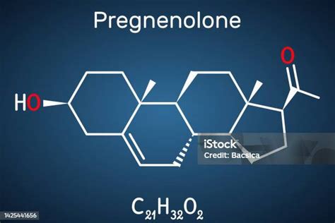 프레그네놀론 P5 분자 그것은 천연 제품 신경 스테로이드 내인성 스테로이드 호르몬입니다 진한 파란색 배경에 구조 화학 공식 0명에 대한 스톡 벡터 아트 및 기타 이미지