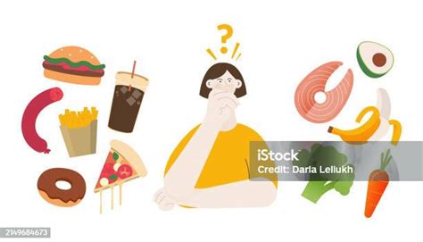 무엇을 선택할지 고민하는 하얀 피부색의 여성 물음표 건강하고 패스트 푸드 웹 사이트 배너입니다 버거 감자튀김 도넛 소시지 피자