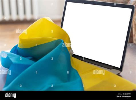 Mock Up Laptop On Ukrainian Yellow Blue Flag Background Stock Photo Alamy