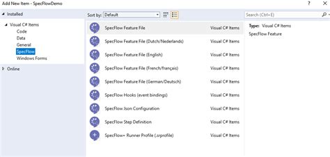 c could not find specflow feature files option in add new item