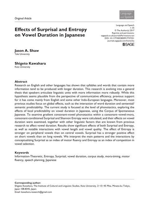 Pdf Effects Of Surprisal And Entropy On Vowel Duration In Japanese