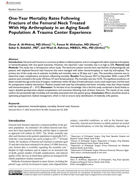 PDF One Year Mortality Rates Following Fracture Of The Femoral Neck Treated With Hip