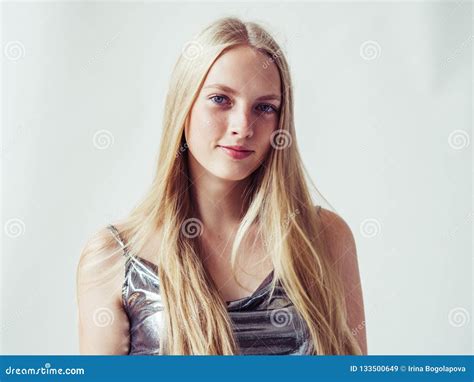 Beautiful Blonde Woman Girl With Long Blond Hair Smooth And Beau Stock