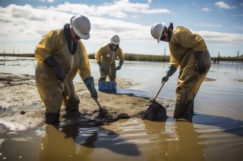 Oil Spill Cleanup Crew With Booms And Cleanup Tools Working To Clean