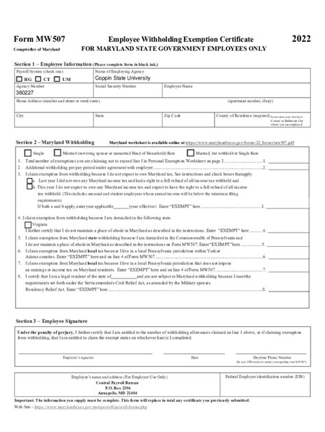 Fillable Online Fill Free Fillable Form Mw507 Employee