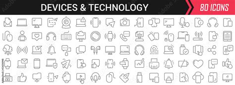 Device and technology linear icons in black. Big UI icons collection in a flat design. Thin ...