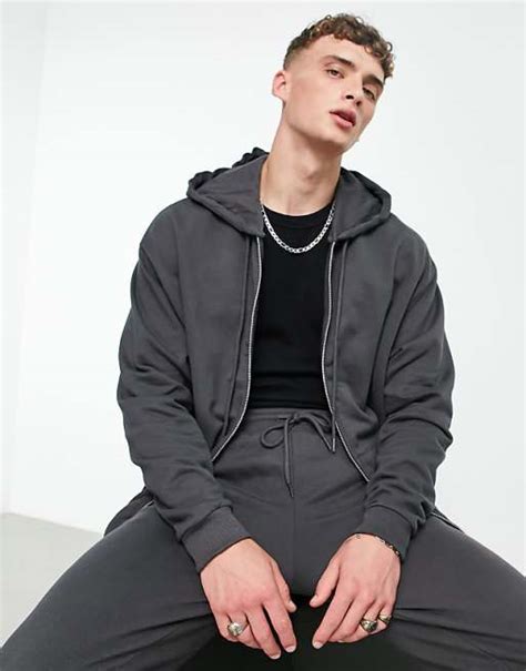 Asos Design Co Ord Oversized Zip Up Hoodie In Washed Black Asos