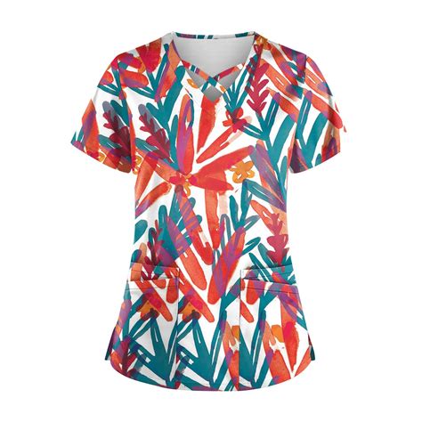 Tqwqt Scrub Tops For Women Hawaiian Print Short Sleeve Nurse Working