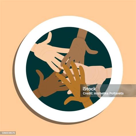 중앙에 있는 다른 국적의 손은 스티커에 고립되어 있습니다 플랫 만화 스타일의 벡터 일러스트레이션 인종차별 로고에 안됩니다