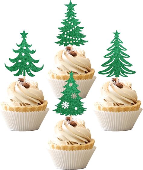 piezas de adornos para cupcakes para árbol de Navidad con estrella verde purpurina para árbol