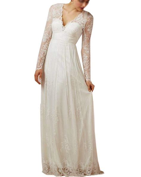Fitty Lell Women S Vintage V Neck Wedding Dresses Long Sleeves Lace
