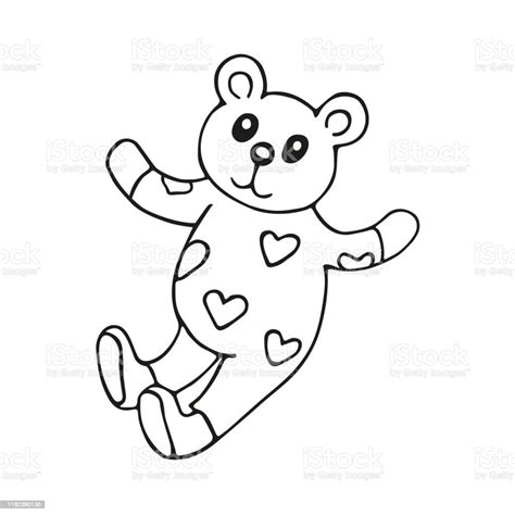 하트가 있는 잠옷을 입은 손으로 그린 테디 베어 낙서 스타일에서 흰색 배경에 격리 된 검은 색 윤곽선 배너 카드 색칠 공부 디자인 스티커 벡터 일러스트레이션 0명에 대한